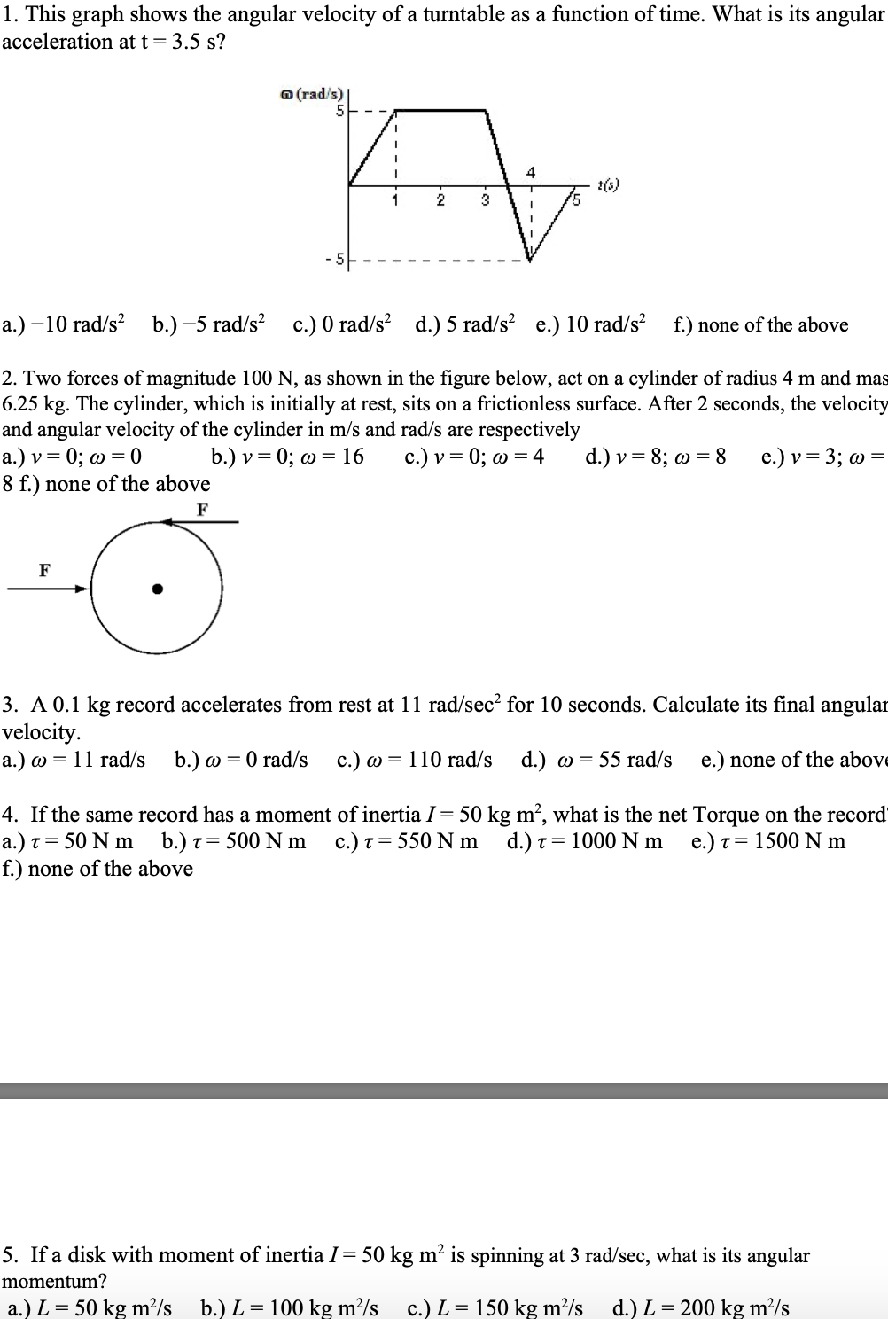 Solved 1. This graph shows the angular velocity of a | Chegg.com
