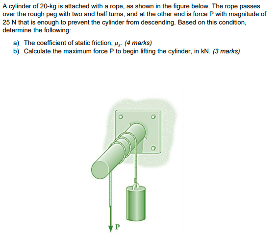 Solved A cylinder of 20-kg is attached with a rope, as shown | Chegg.com