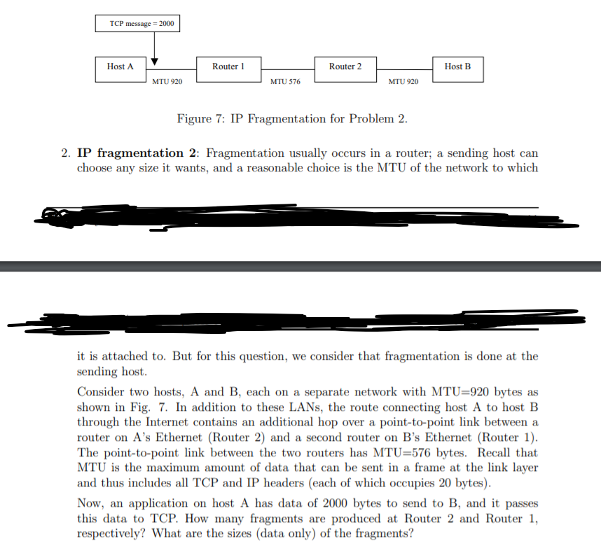 TCP message = 2000 Host A Router1 Router 2 Host B MTU | Chegg.com