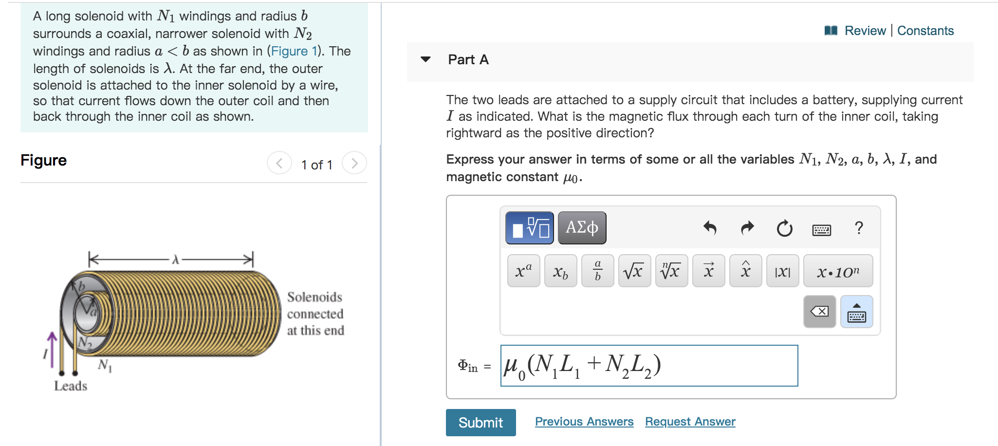 II Review Constants Part A A long solenoid with N1 | Chegg.com