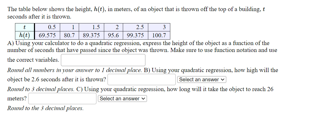 Solved The Table Below Shows The Height H T in Meters