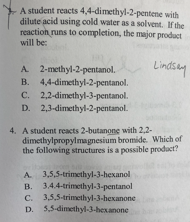 Solved A student reacts 4,4-dimethyl-2-pentene with dilute | Chegg.com