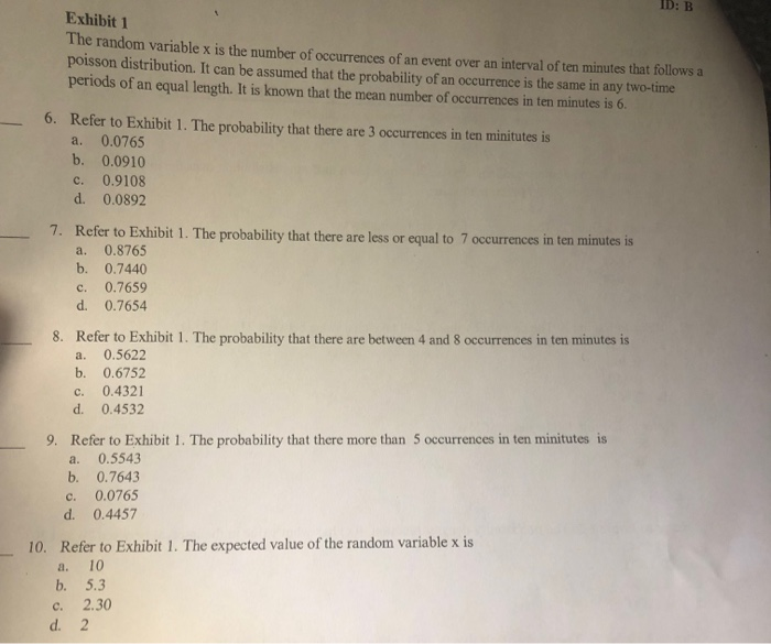 Solved ID: B Exhibit 1 The random variable x is the number | Chegg.com