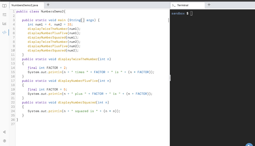 Solved >_ Terminal + sandbox $ ] الا 6 NumbersDemo2.java + | Chegg.com