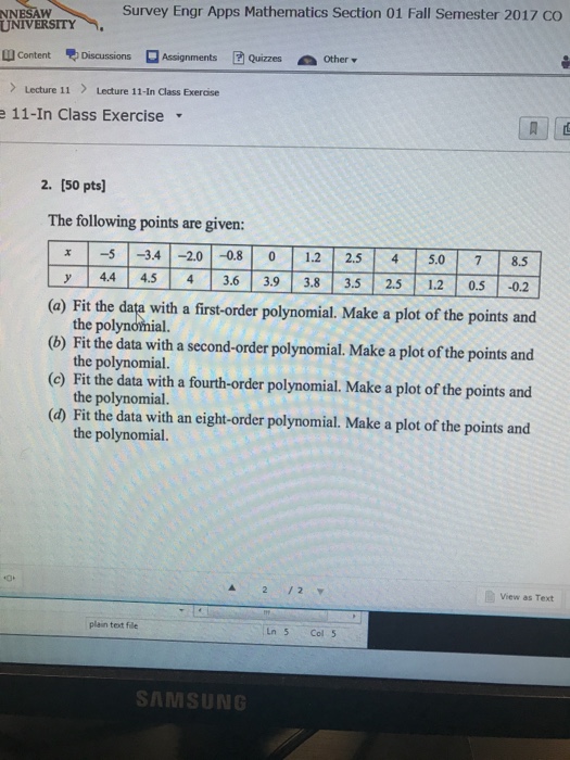 Solved Survey Engr Apps Mathematics Section 01 Fall Semester | Chegg.com