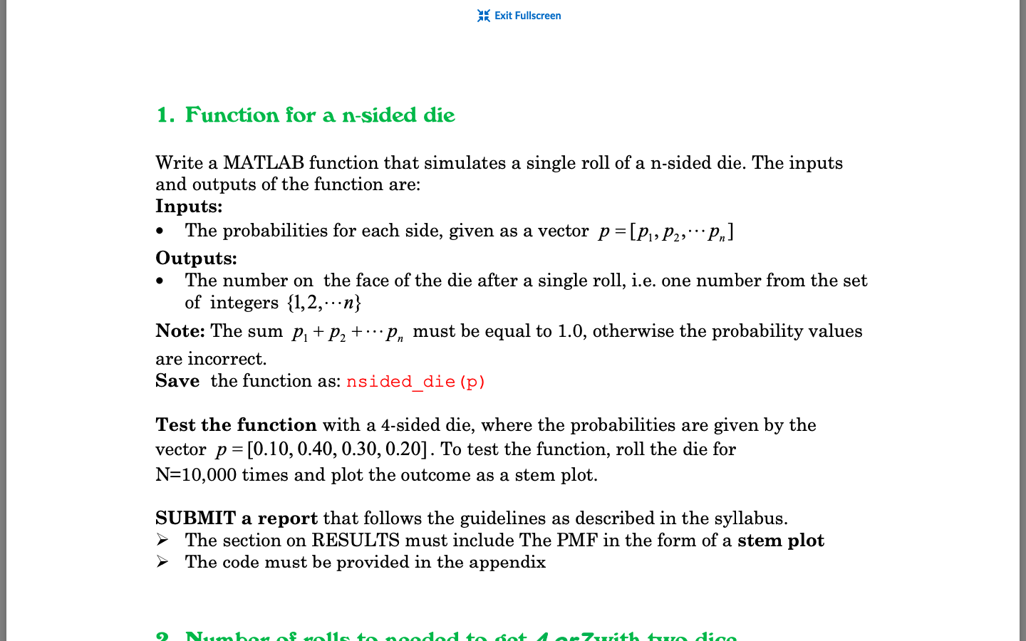 Solved Exit Fullscreen 1 Function For A N Sided Die Write A 