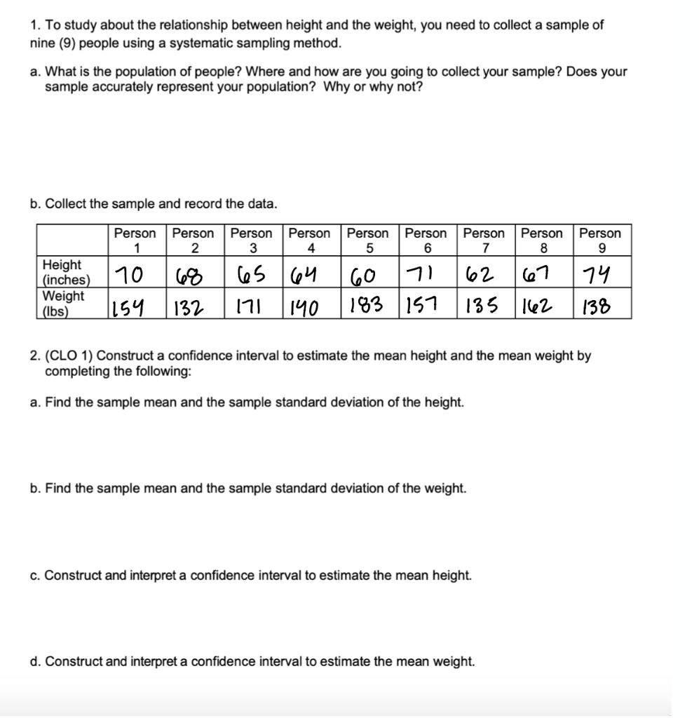 Solved 1. To study about the relationship between height and | Chegg.com