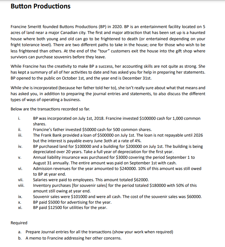 Solved Button Productions Francine Smeritt founded Buttons | Chegg.com