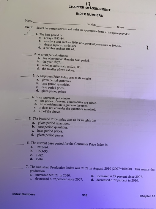 Solved 17 CHAPTER 18 ASSIGNMENT INDEX NUMBERS Name Section | Chegg.com