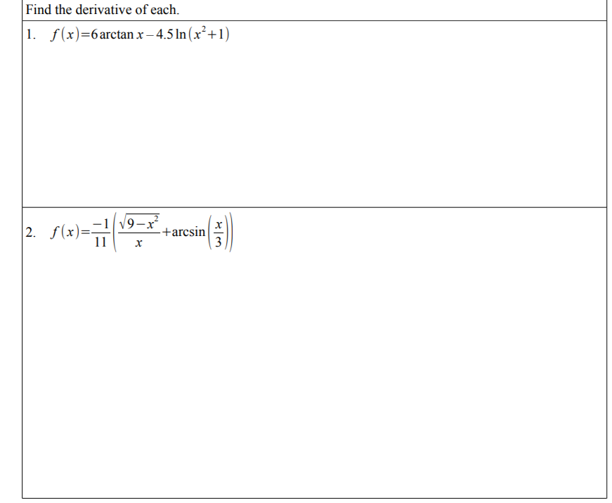 Solved Find the derivative of each. 1. f(x)=6 arctan x – 4.5 | Chegg.com
