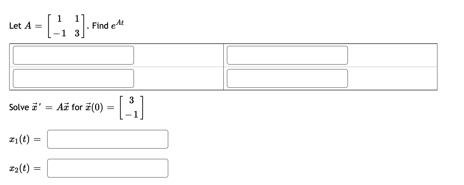 Solved Let A=[1−113]. Find eAt Solve x′=Ax for x(0)=[3−1] | Chegg.com