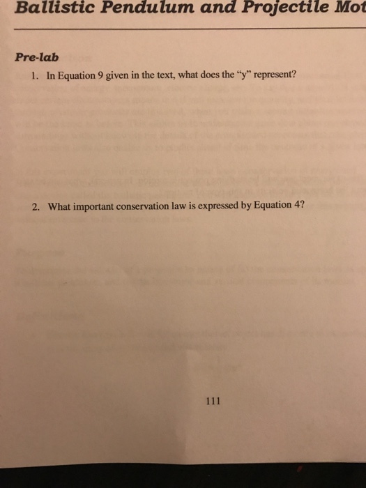 Solved Ballistic Pendulum and Projectile Mot Pre-lab 1. In | Chegg.com