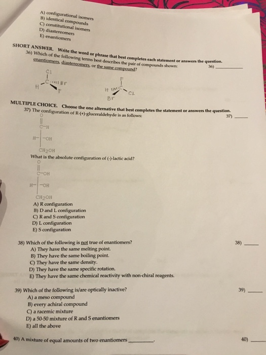 Solved A) configurational isomers B) identical compounds C) | Chegg.com