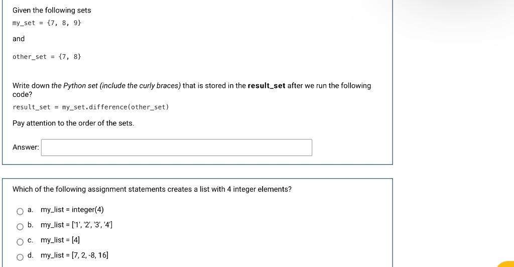 Solved Given the following sets my_set = {7, 8, 9) and other | Chegg.com