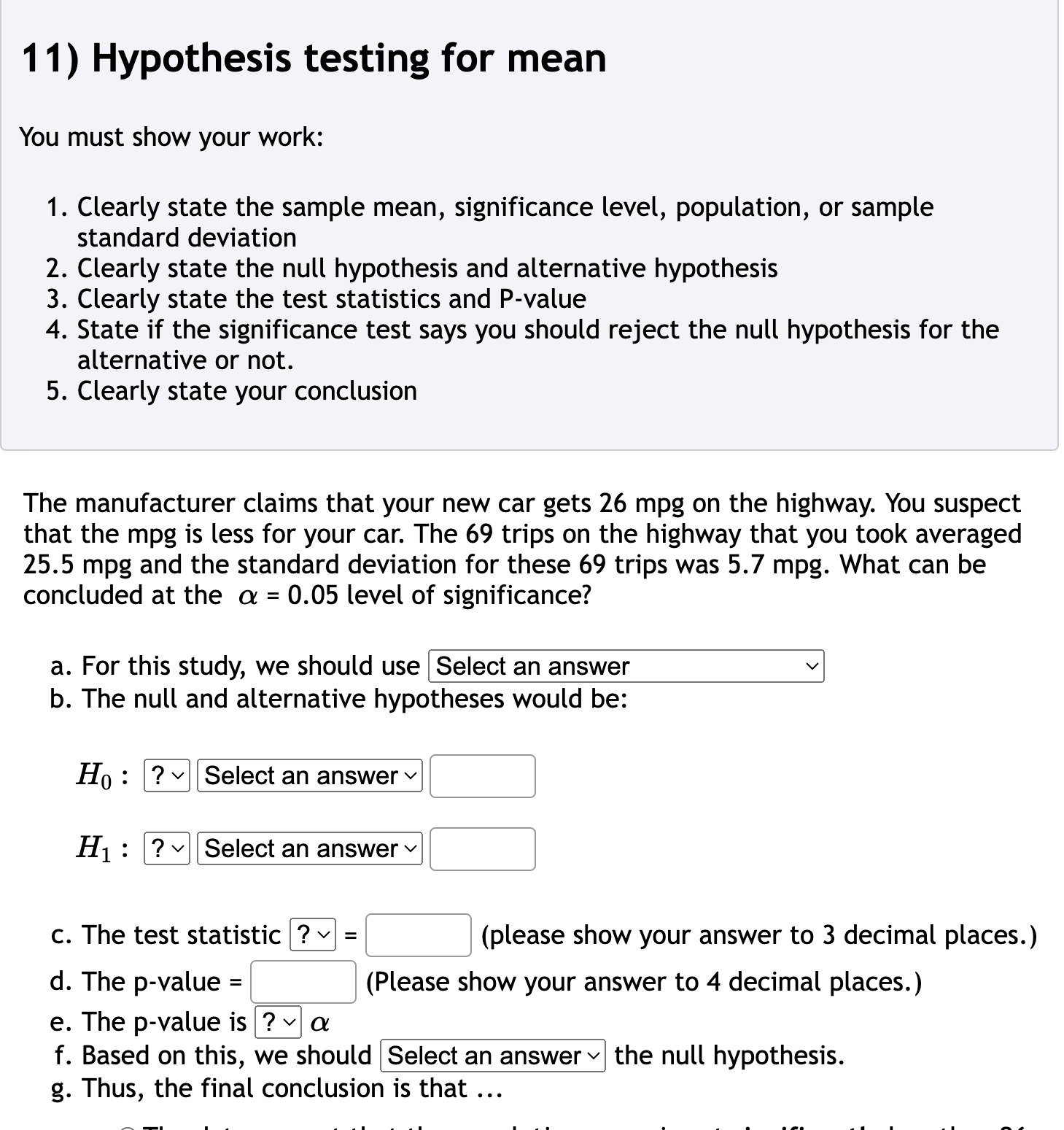 Solved 11) Hypothesis testing for mean You must show your | Chegg.com