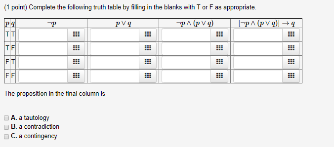 Solved (1 point) Complete the following truth table by | Chegg.com