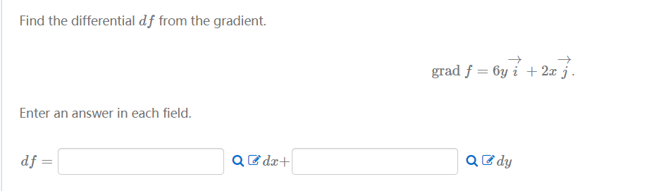 Solved Find the differential df from the gradient. grad f = | Chegg.com