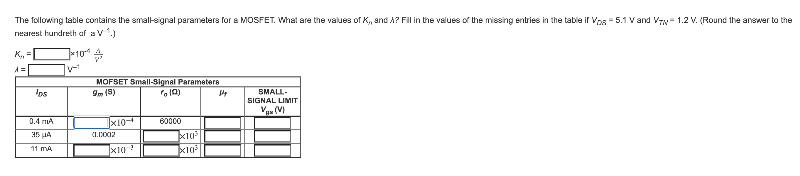 Solved The following table contains the small-signal | Chegg.com