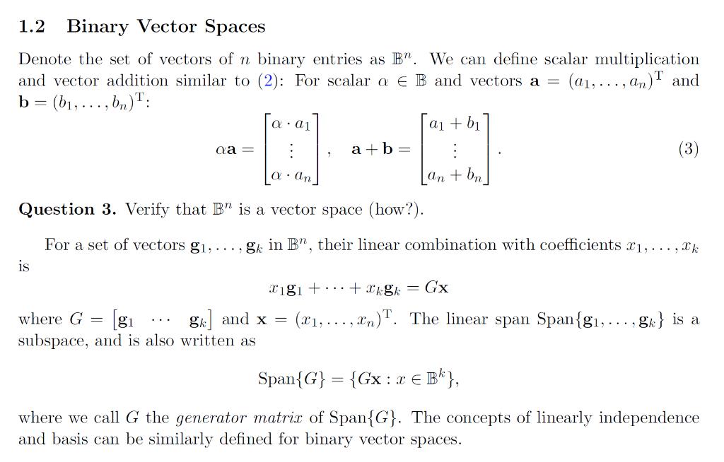 Solved b = 1.2 Binary Vector Spaces Denote the set of | Chegg.com