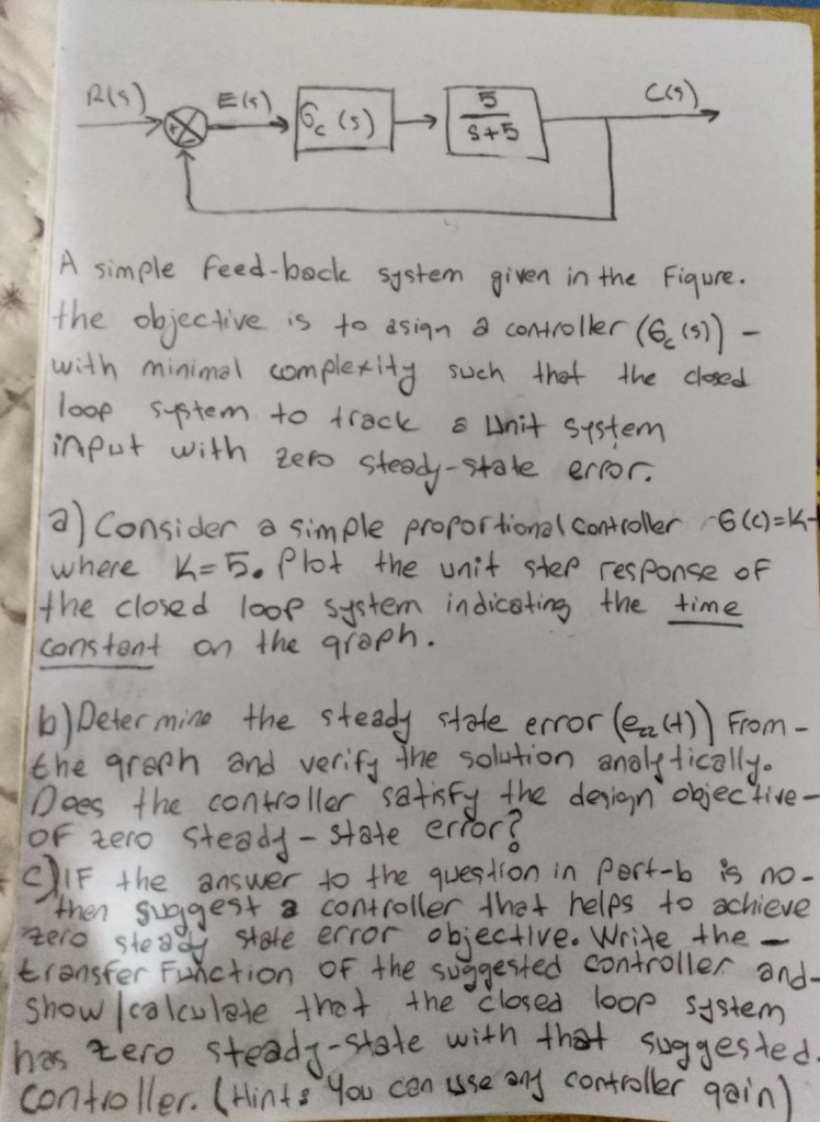 Solved R(S) S+5 A simple feed-back system given in the | Chegg.com