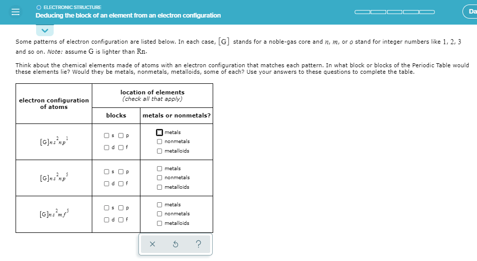 Solved O ELECTRONIC STRUCTURE Deducing the block of an | Chegg.com