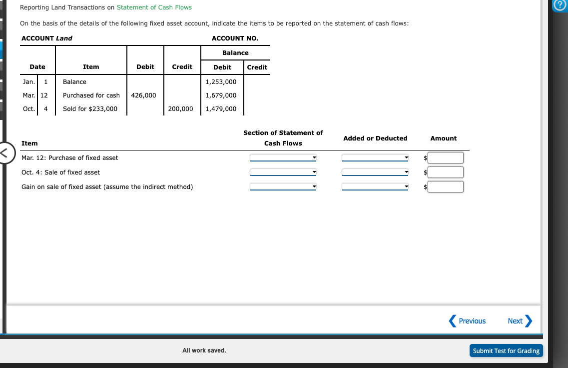 Solved Reporting Land Transactions on Statement of Cash | Chegg.com