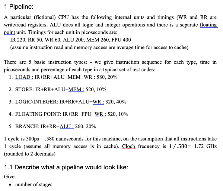 Solved 1 Pipeline: A particular (fictional) CPU has the | Chegg.com