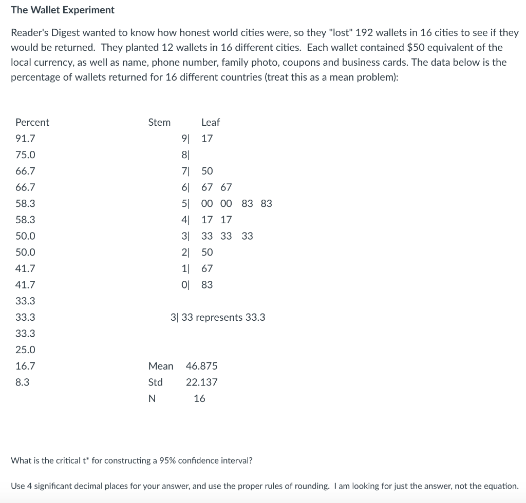 Solved The Wallet Experiment Reader's Digest wanted to know | Chegg.com