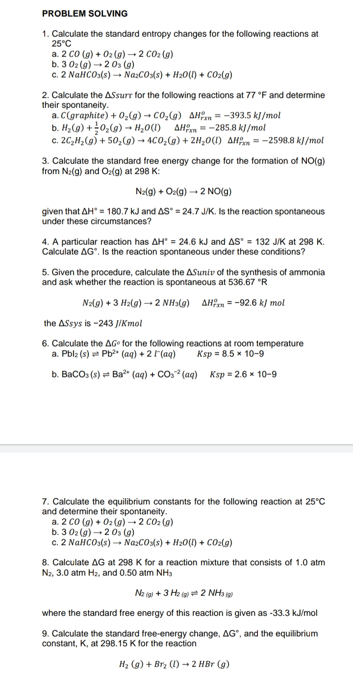 Solved 1. Calculate the standard entropy changes for the | Chegg.com