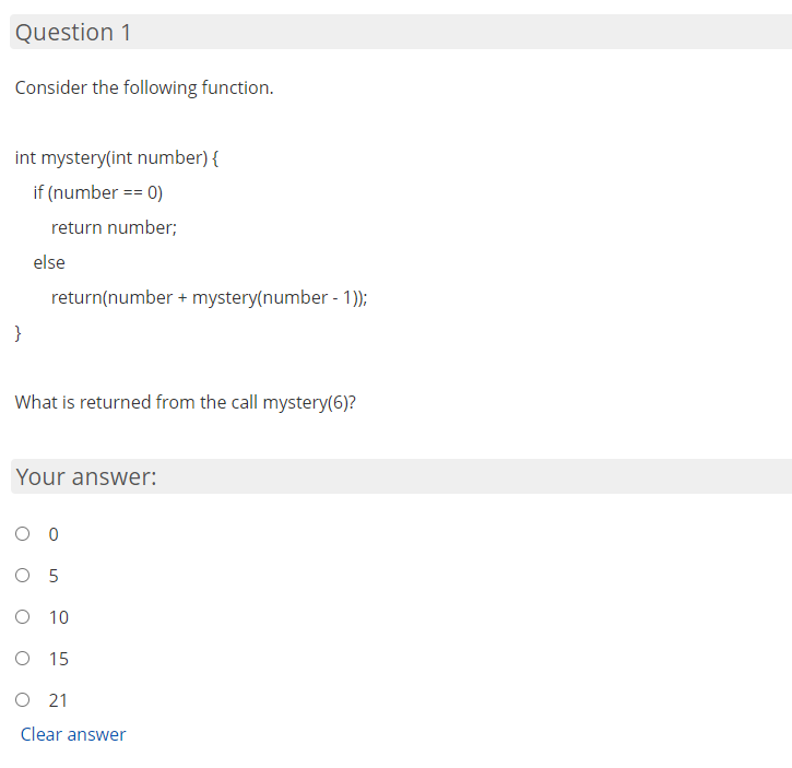 Solved Question 1 Consider the following function. int | Chegg.com