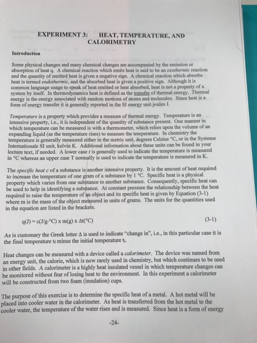 Solved EXPERIMENT 3: HEAT, TEMPERATURE, AND CALORIMETRY | Chegg.com