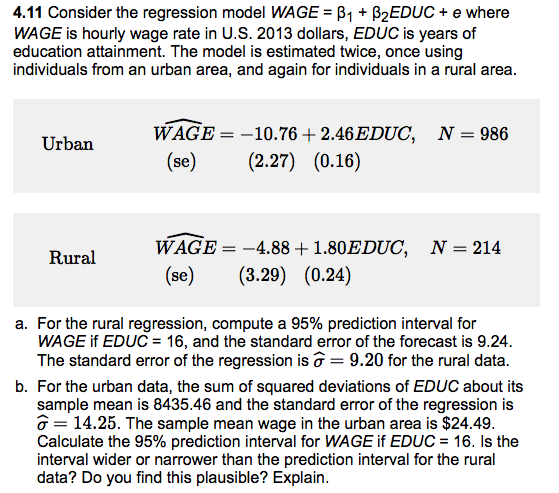Solved 4.11 Consider the regression model WAGE = β1 + β2EDUC | Chegg.com