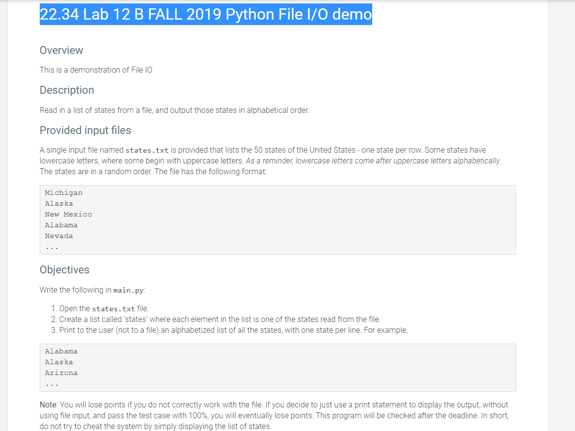 22.34 Lab 12 B FALL 2019 Python File I/O demo | Chegg.com