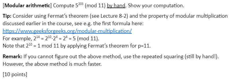 Solved [Modular arithmetic] Compute 5203(mod11) by hand. | Chegg.com