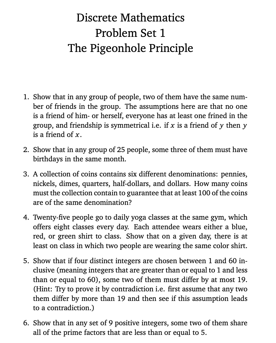 Solved Discrete Mathematics Problem Set 1 The Pigeonhole | Chegg.com