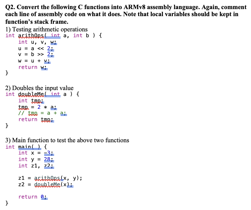 Solved Q2 Convert The Following C Functions Into Armv8 