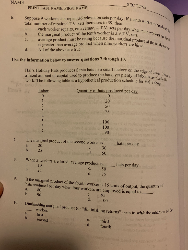 Solved SECTION# NAME PRINT LAST NAME, FIRST NAME Suppose 9 | Chegg.com