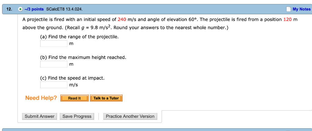 Solved A projectile is fired with an initial speed of 240 | Chegg.com