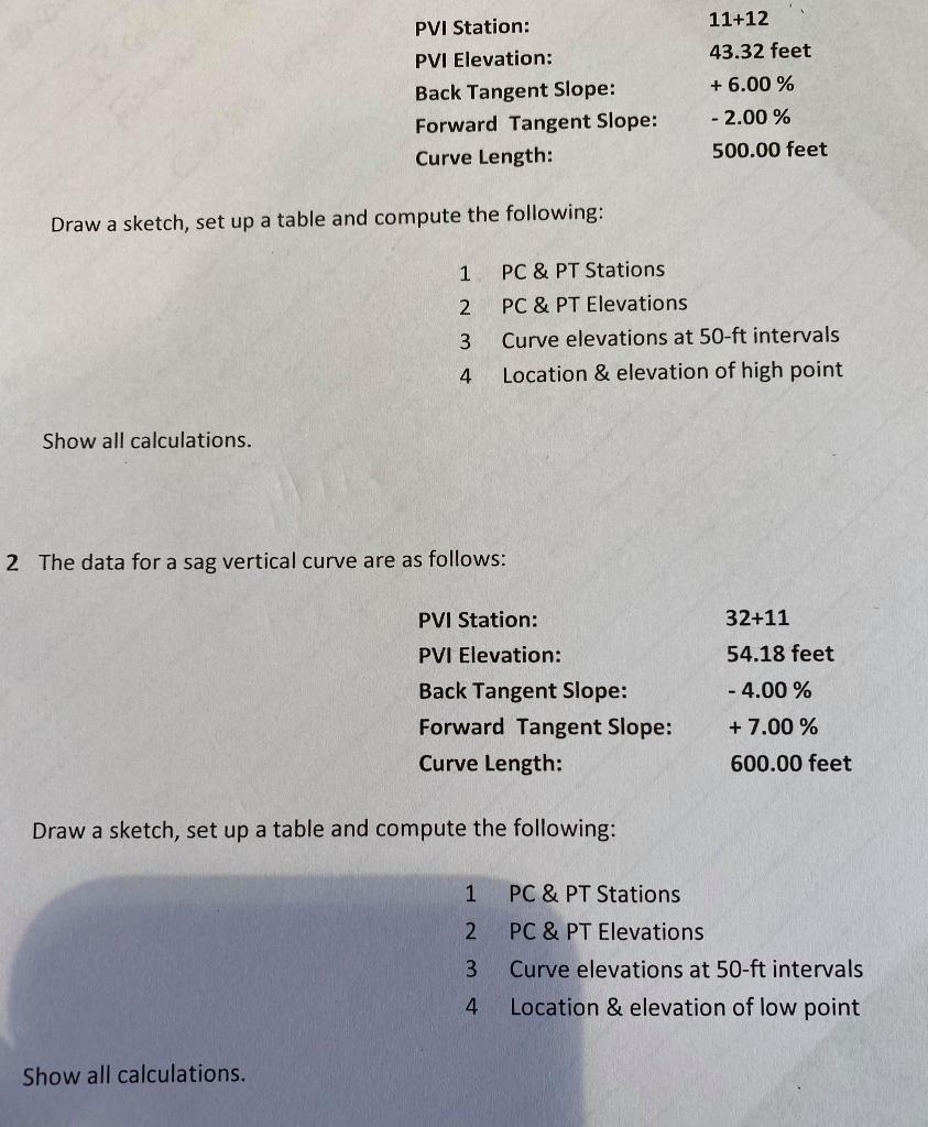 Solved PVI Station: PVI Elevation: Back Tangent Slope: | Chegg.com