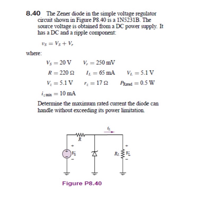 Solved 8.40 The Zener diode in the simple voltage regulator | Chegg.com