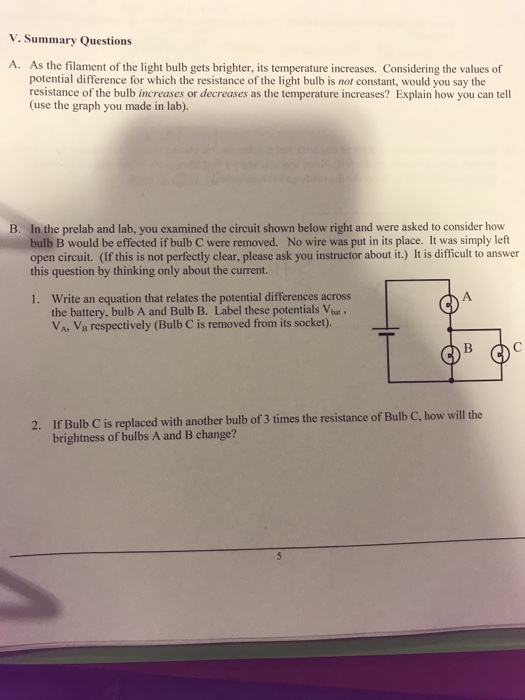 Solved V. Summary Questions As the filament of the light | Chegg.com