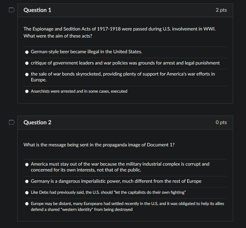Solved Question 1 2 pts The Espionage and Sedition Acts of | Chegg.com
