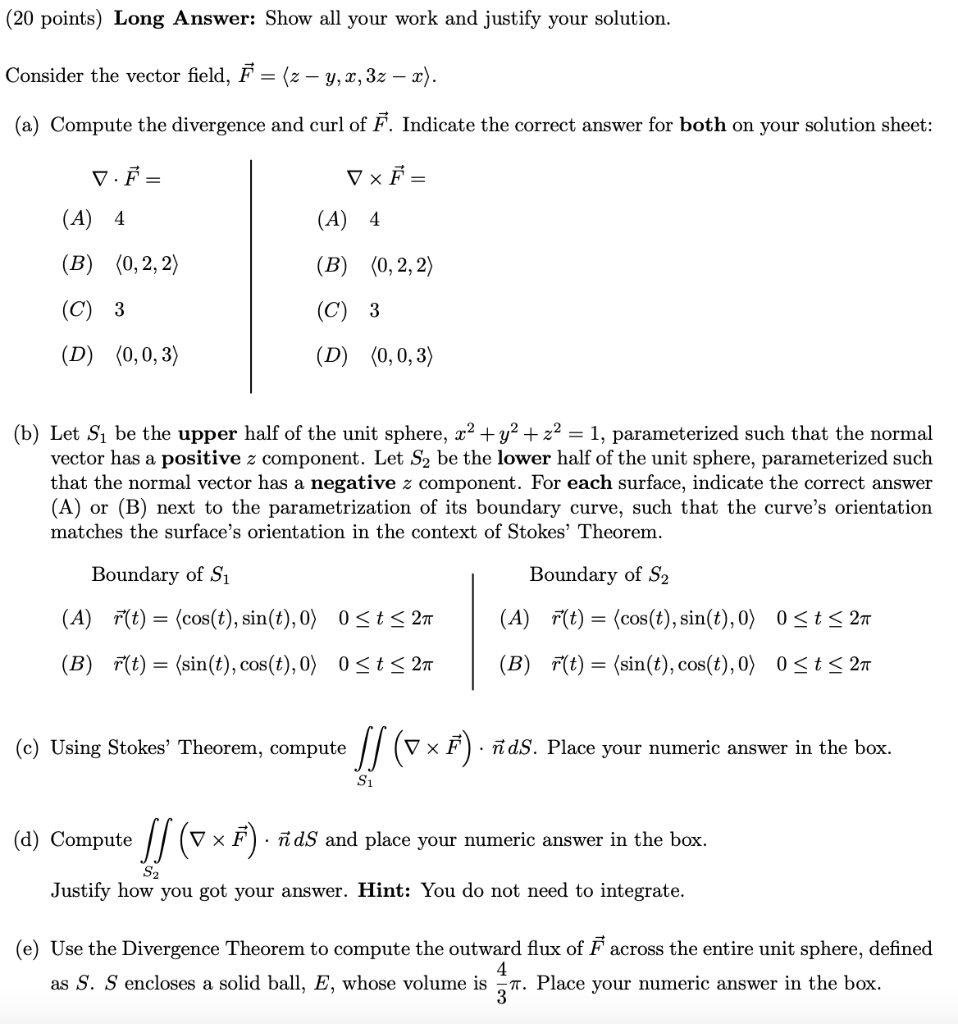 Solved (20 points) Long Answer: Show all your work and | Chegg.com