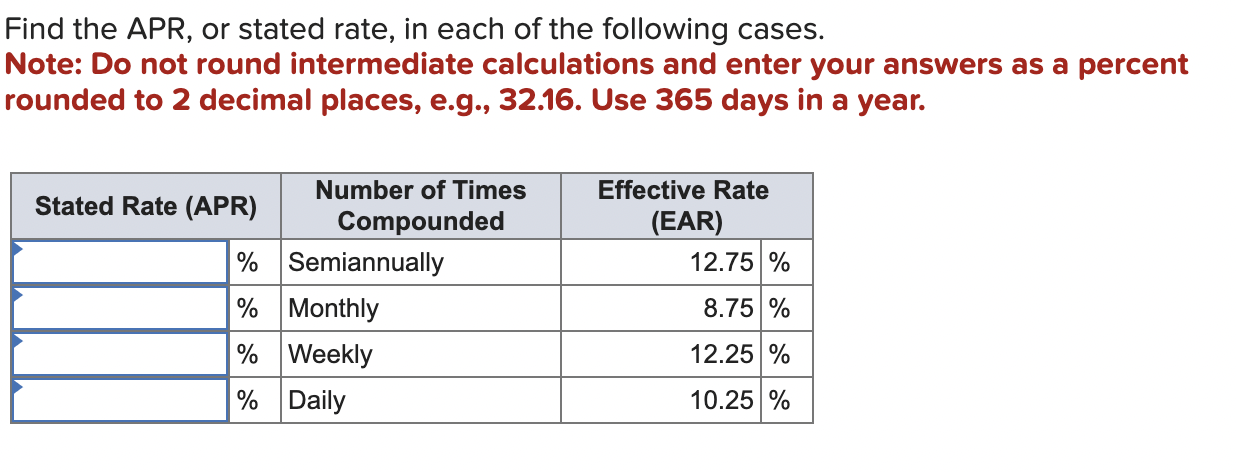 Solved Find the APR, or stated rate, in each of the | Chegg.com