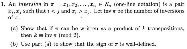 An inversion in π=x1,x2,…,xn∈Sn (one-line notation) | Chegg.com