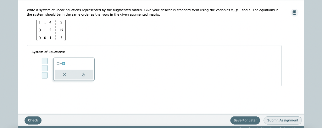 Solved Write a system of linear equations represented by the | Chegg.com