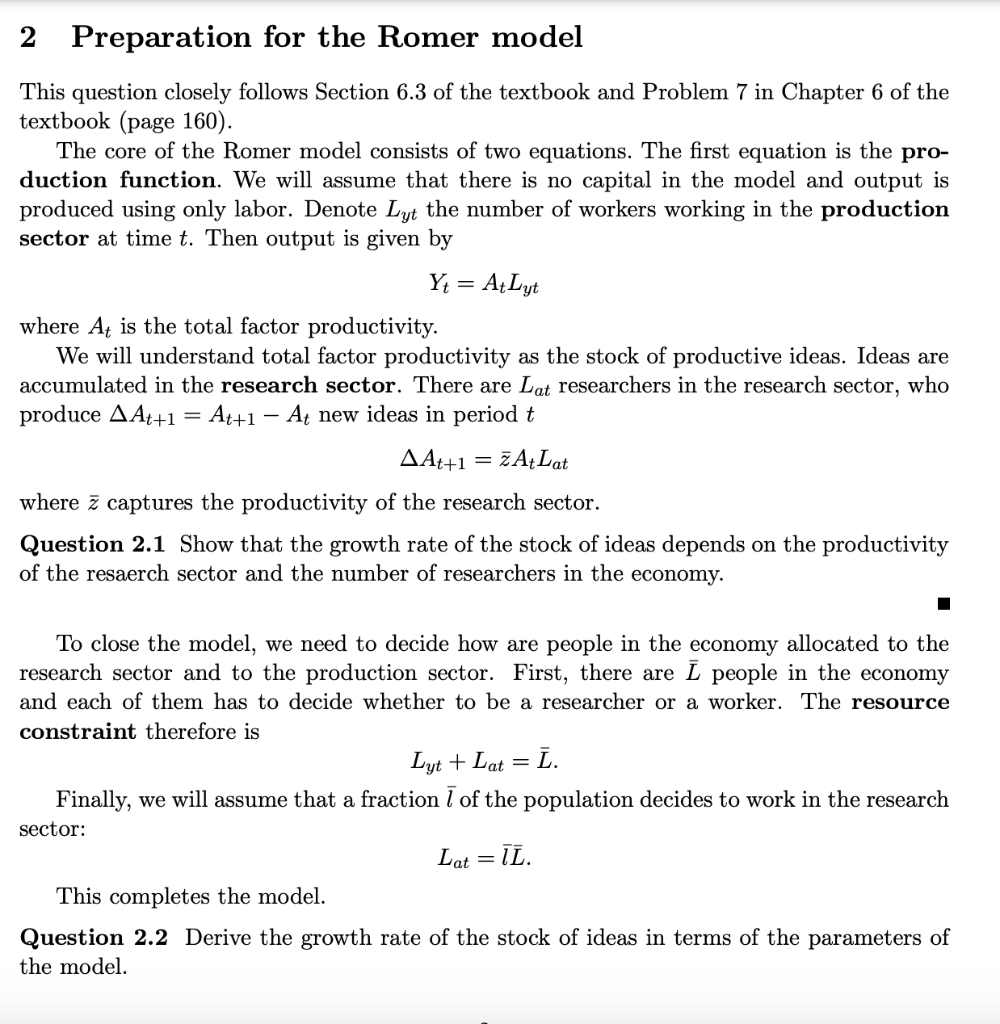 Solved 2 Preparation for the Romer model This question | Chegg.com