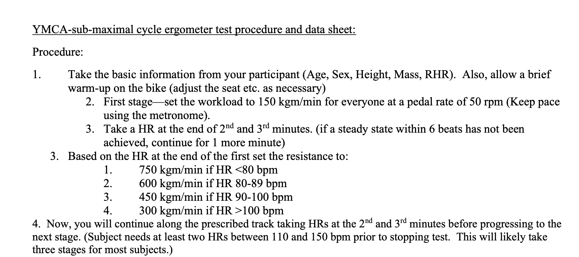 Submaximal assessment of CRF lab For your Sub-maximal | Chegg.com