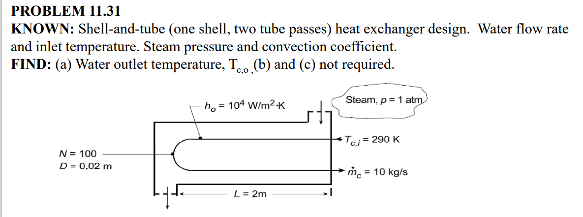 Solved PROBLEM 11.31 KNOWN: Shell-and-tube (one shell, two | Chegg.com