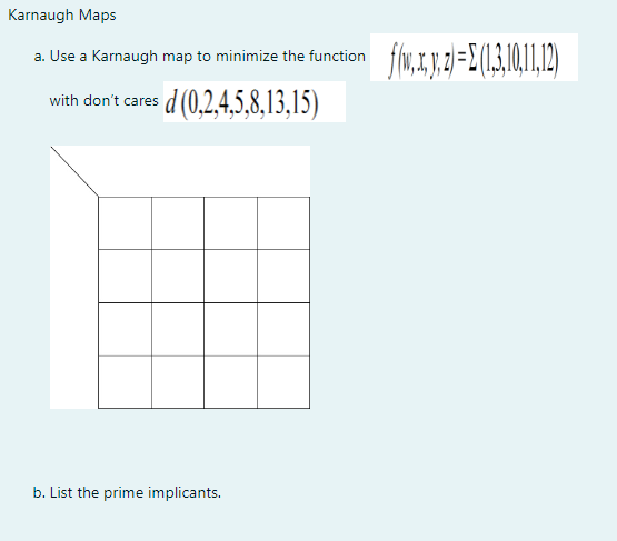 Solved Use a Karnaugh Map to minimize the function with the | Chegg.com